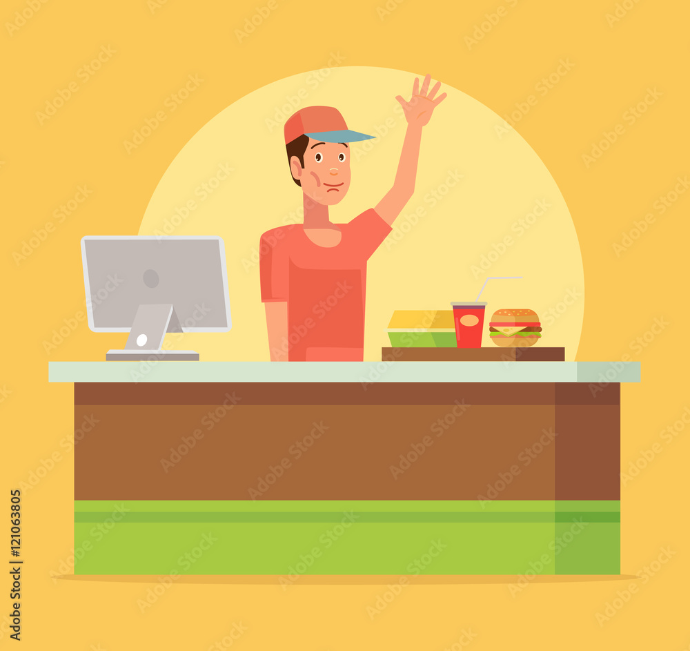 Fast food cafe. Happy cashier man character. Vector flat cartoon ...