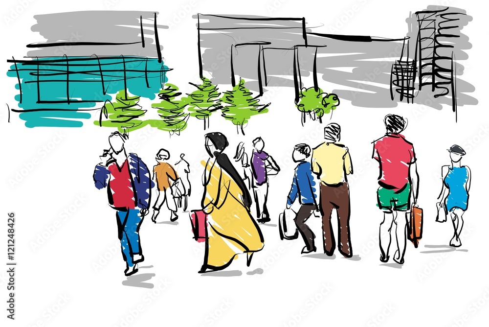 crowd traveling in urban scene cartoon drawing Stock Illustration ...