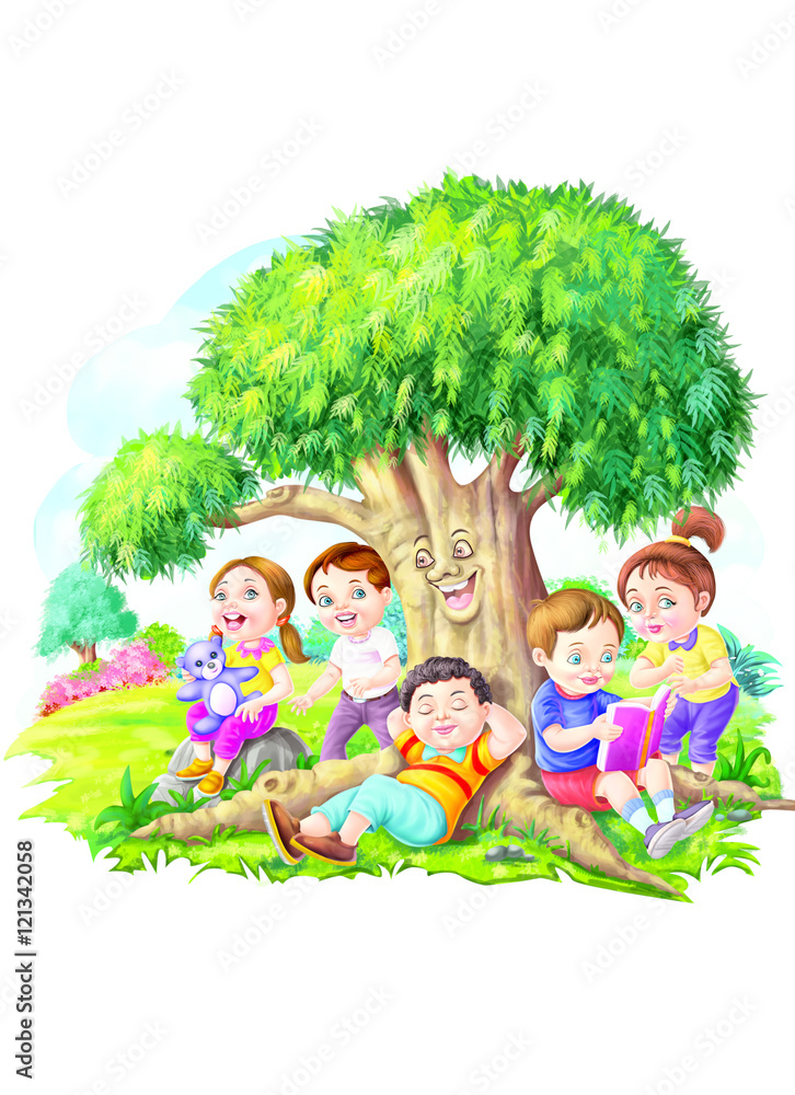 Kids under a big tree Stock Illustration | Adobe Stock