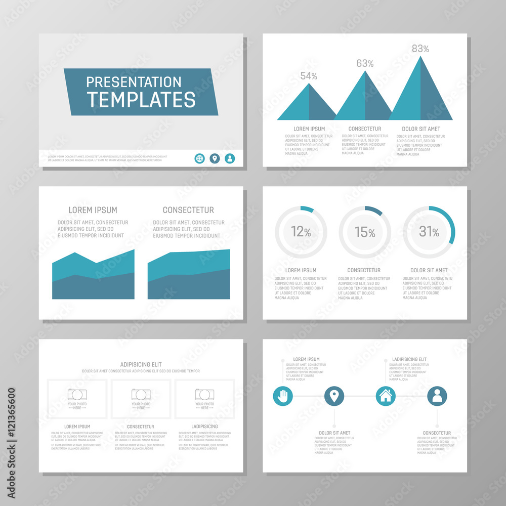 Set of blue template for multipurpose presentation slides with graphs ...