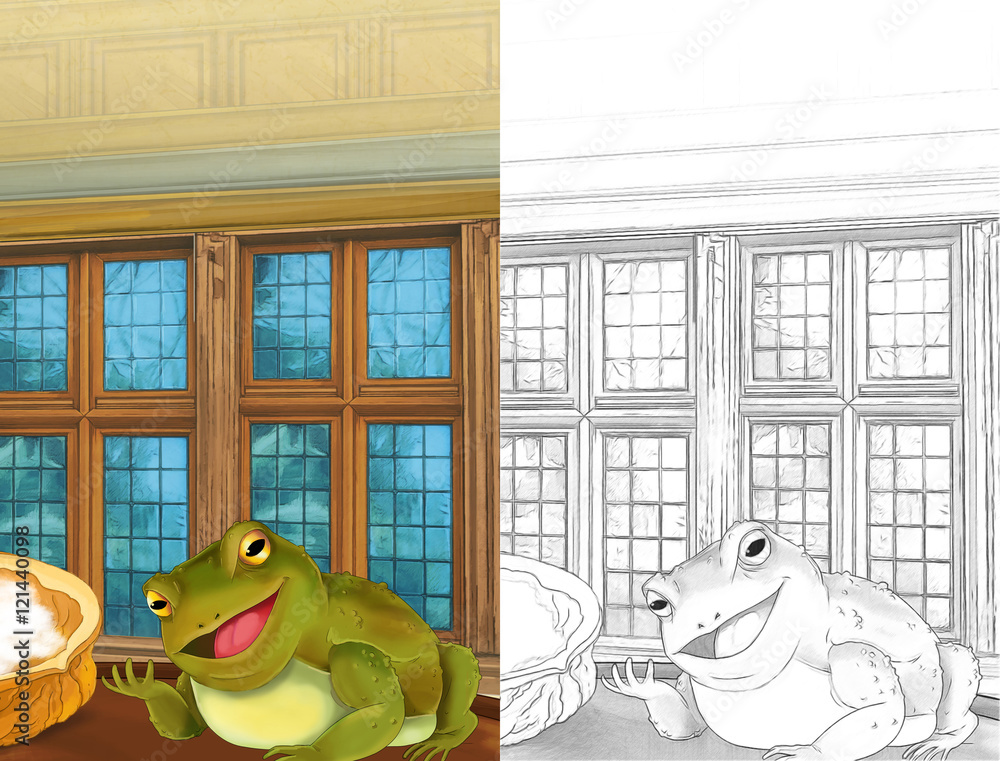 Cartoon fairy tale scene with frog in some room - with coloring page ...