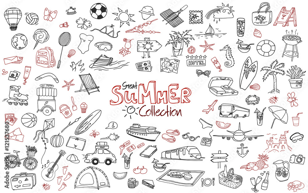 Hand drawn collection of the summer doodles. Line art set of the ...