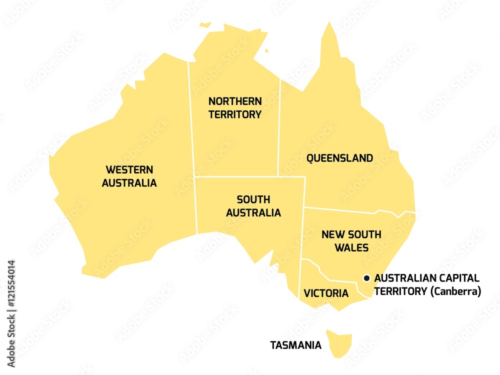 Simplified map of Australia divided into states and territories. Grey ...