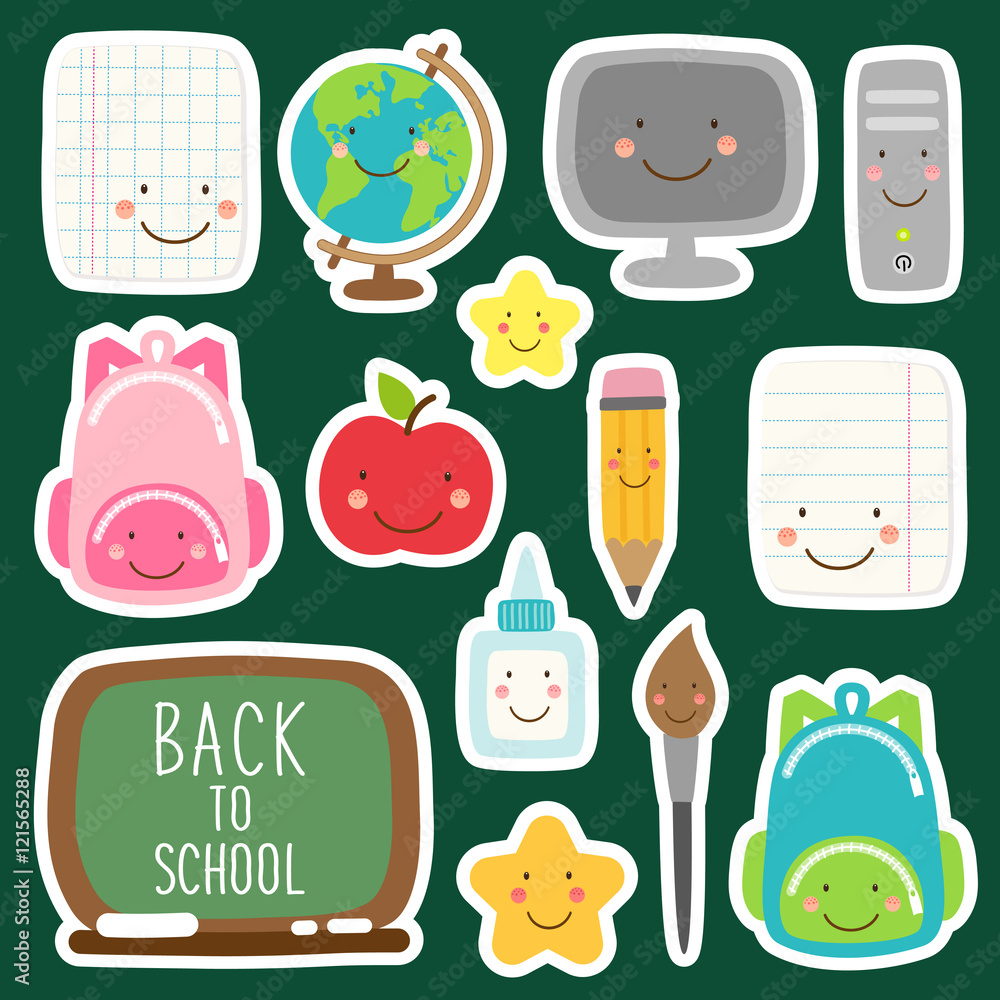 Cute childish Back to School supplies as smiling cartoon characters for ...