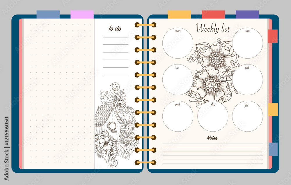 Flat design opened notepad with adult coloring page, notes, weekly and ...