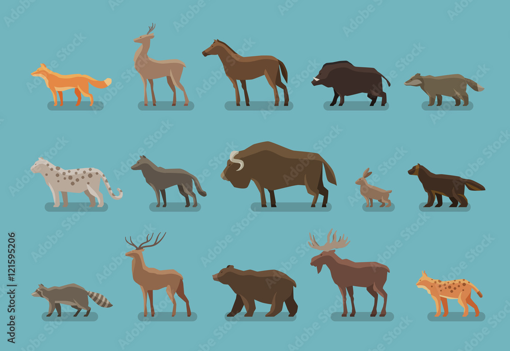 Animals icons. Wild boar, bear, fox, deer, horse, badger, leopard, wolf ...