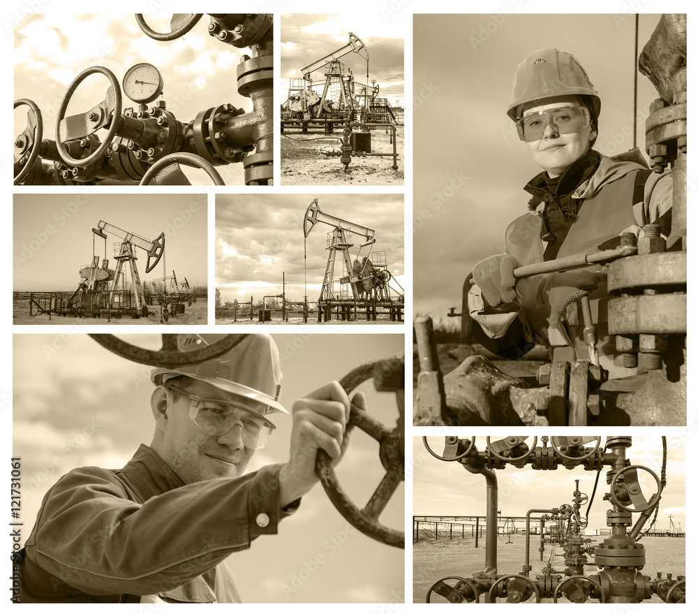 Стоковое фото «Collage consisting of pictures of oil rig, wellhead, man ...