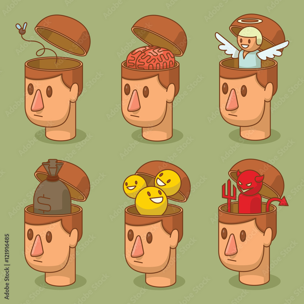 Vector set of cartoon images of men's heads with open braincases from ...