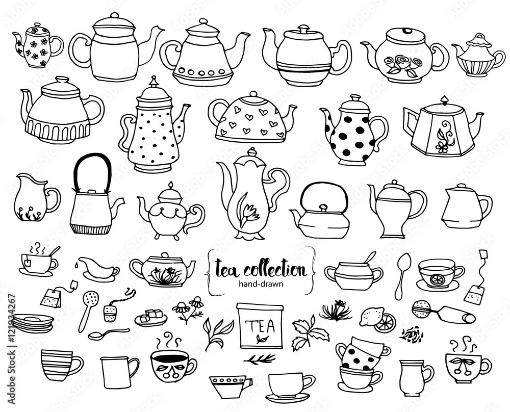 Hand-drawn tea doodle collection. Vector doodle set with teapots, glass ...