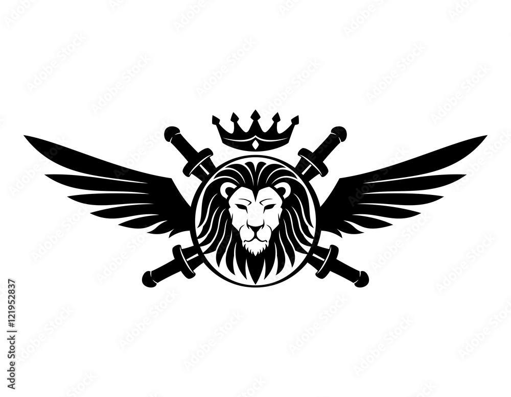 Shield with lion head, swords, wings and crown. Stock Vector | Adobe Stock