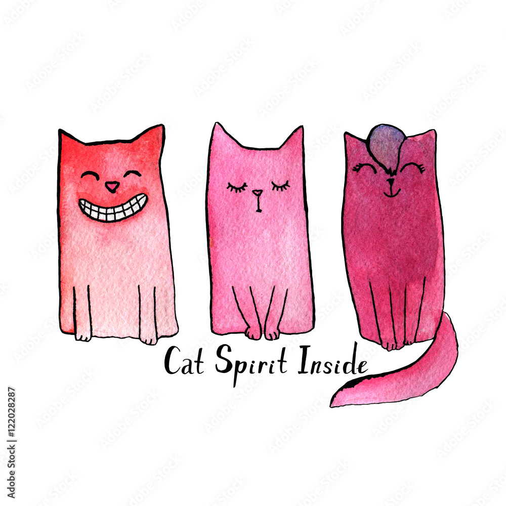 Cartoon and funny watercolor smiling cat with quote "cat spirit inside ...