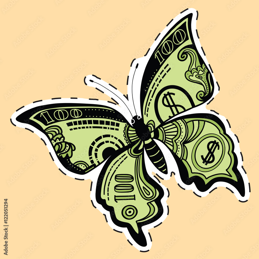 Butterfly dollar bill label sticker Stock Vector | Adobe Stock