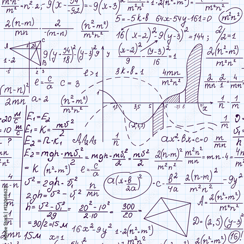 Math educational vector seamless pattern with formulas, tasks, plots, calculations and ...
