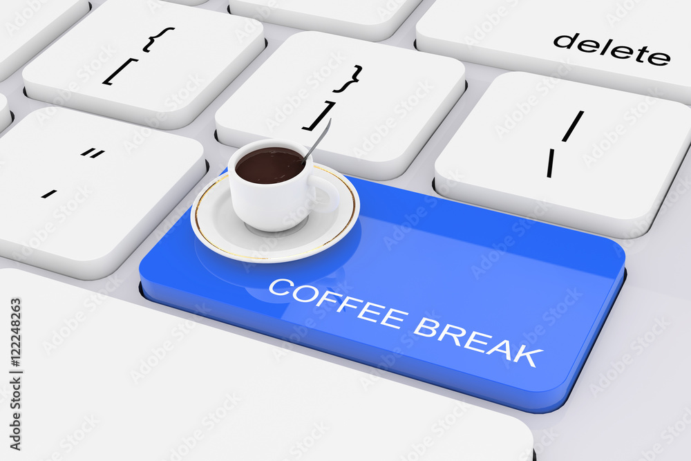 Blue Coffee Break Key on White PC Keyboard. 3d Rendering Stock ...
