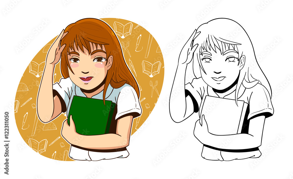 vector illustration of cute girl hug a book on stationary pattern ...