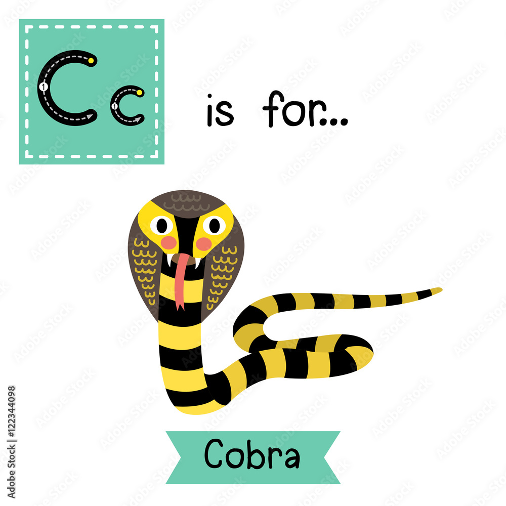 C letter tracing. Black and Yellow Cobra snake. Cute children zoo ...