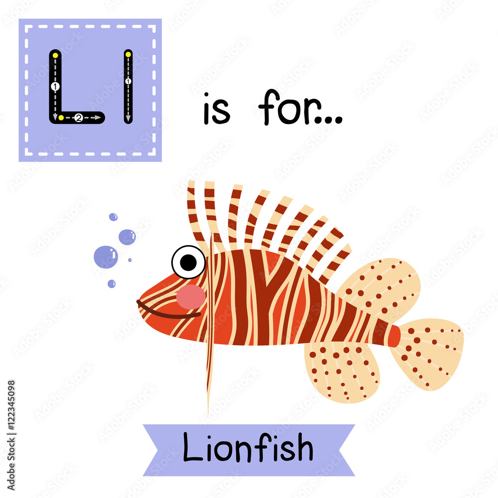 L letter tracing. Lionfish side view. Cute children zoo alphabet flash ...