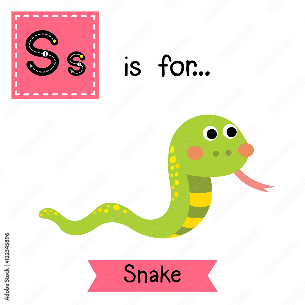 S letter tracing. Green Snake. Cute children zoo alphabet flash card ...