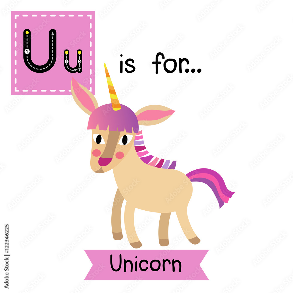 U letter tracing. Unicorn. Cute children zoo alphabet flash card. Funny ...