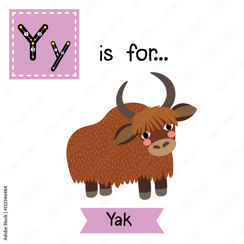Y letter tracing. Yak. Cute children zoo alphabet flash card. Funny ...