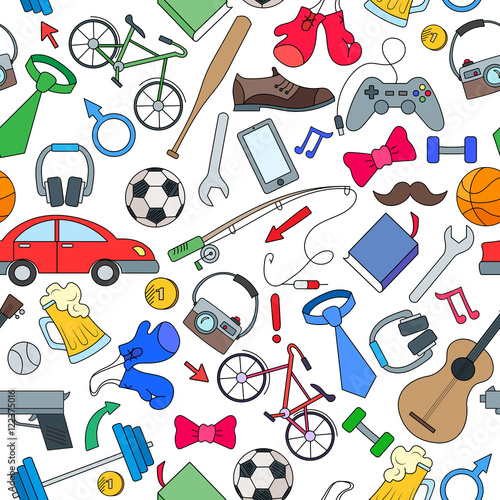 Seamless pattern on the theme of male Hobbies and habits,simple hand ...