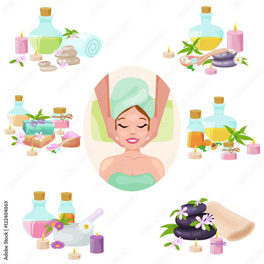spa towel and aroma oil spa symbols. Spa symbols cartoon icons. aroma ...