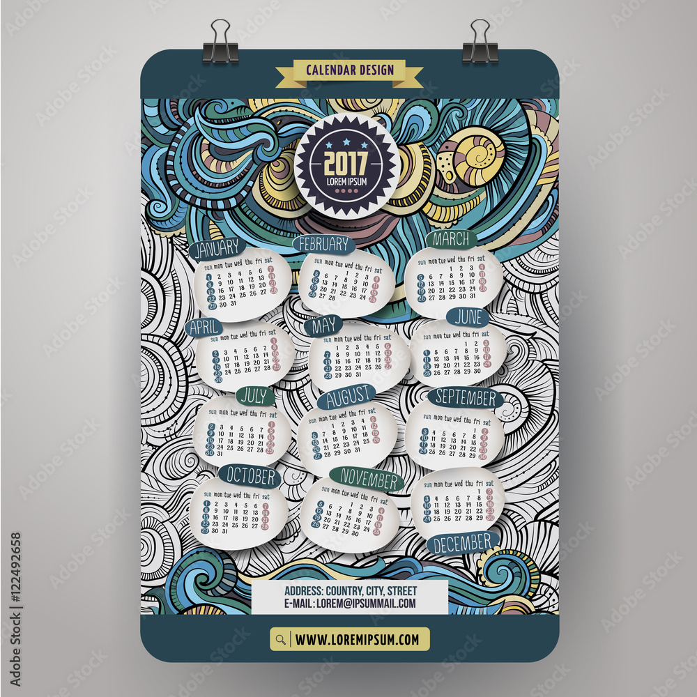 Cartoon hand drawn doodles 2017 year calendar Stock Vector | Adobe Stock