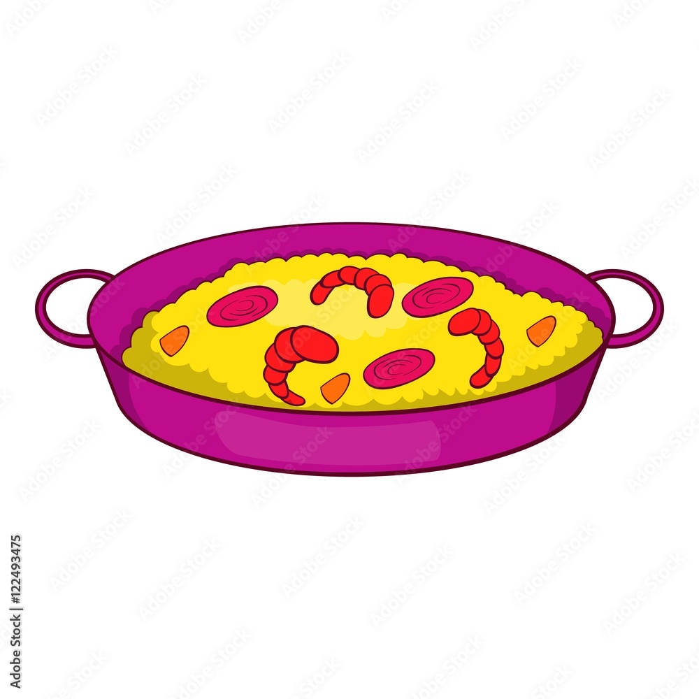 Paella with seafood on pan icon in cartoon style isolated on white ...