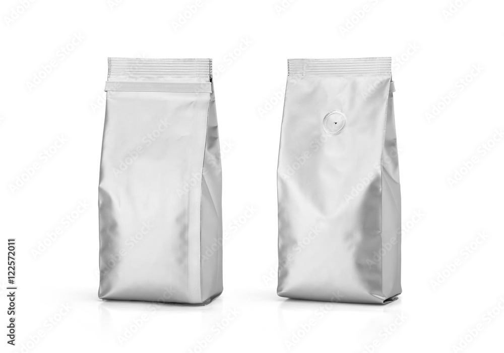 Foil plastic paper bag front and back view isolated on white background ...