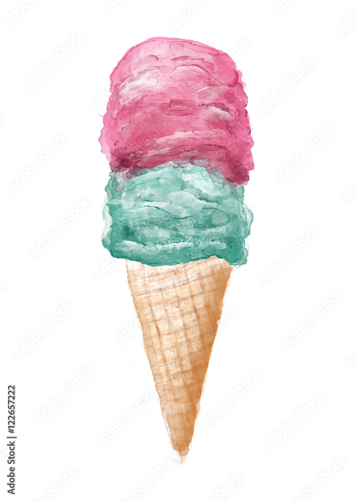 Watercolor colorful ice cream cone isolated white hand painted ...