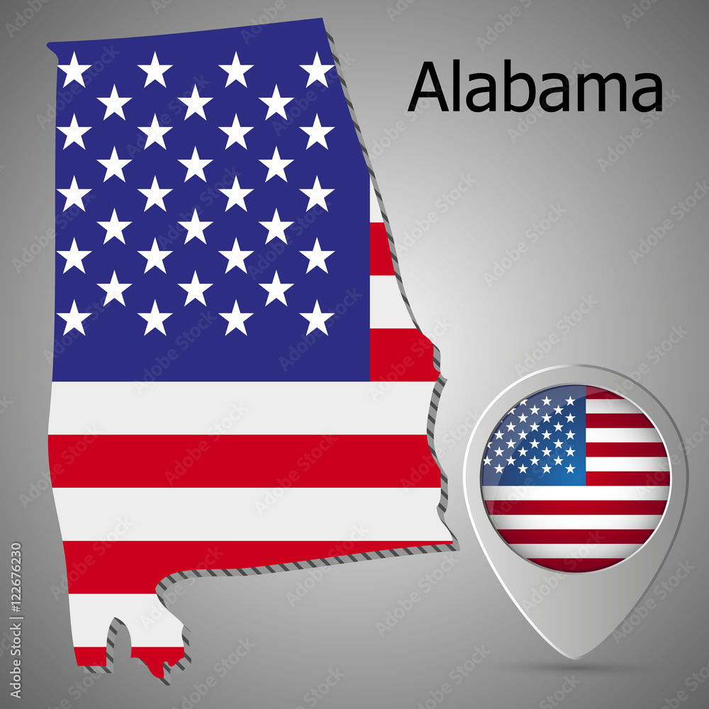 State of Alabama vector graphic map with flag.Map pointer with American ...