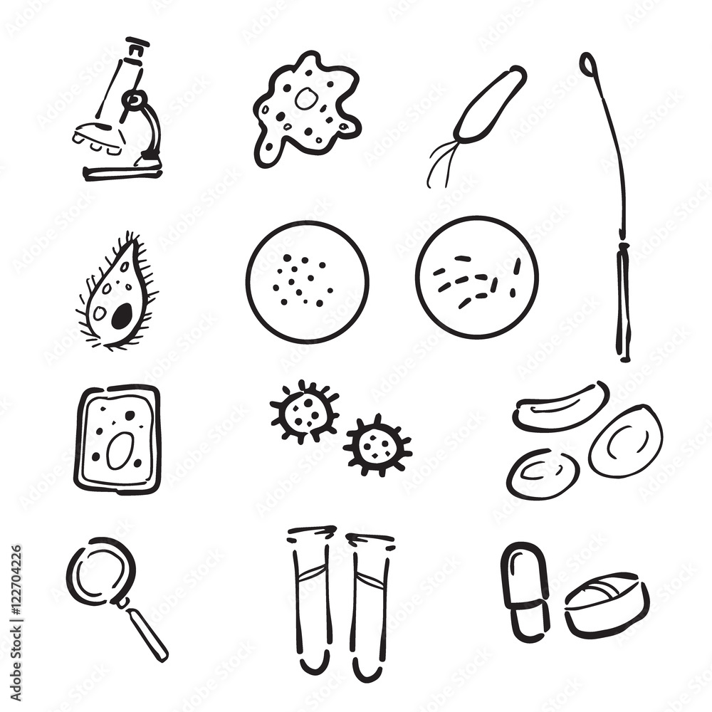 Microbiology lab doodle icons set Stock Photo | Adobe Stock