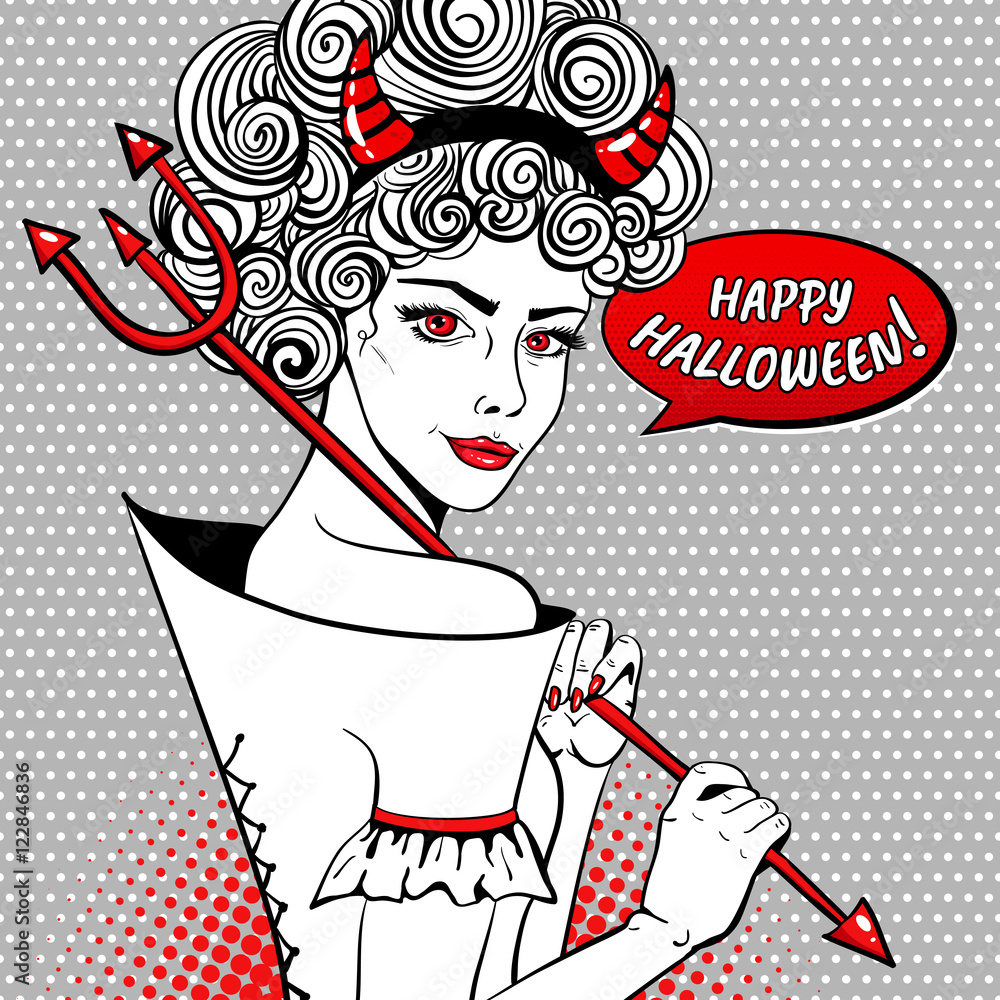Happy Halloween! Sexy devil smiling woman with curly hair, red horns ...