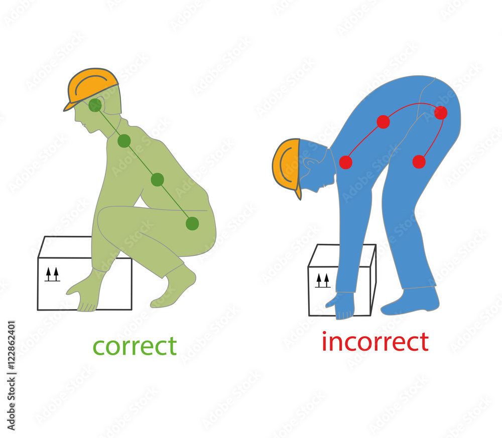Correct posture to lift a heavy object safely. Illustration of health ...