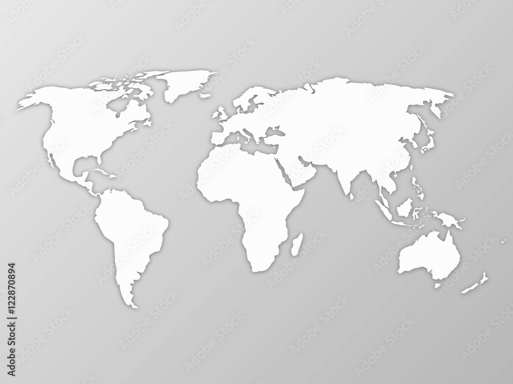 World map with shadow on grey gradient background. Simplified 3D vector ...