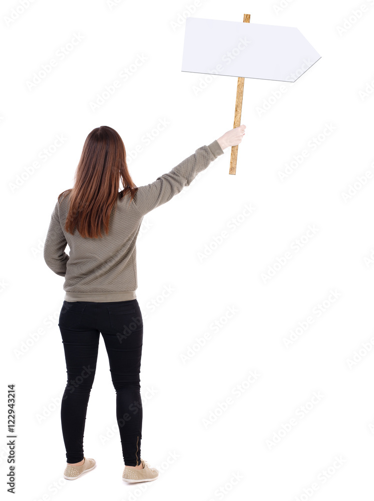 Stock-Foto „Back view woman showing sign board. man holds information ...