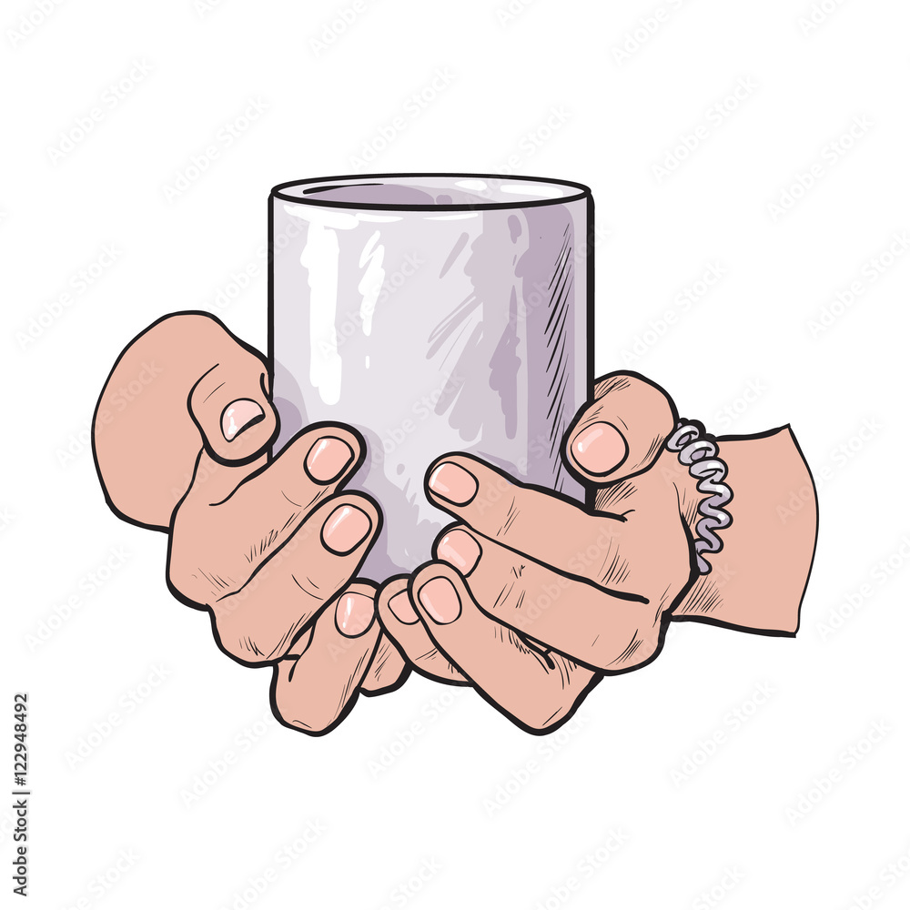 well groomed female hand holding a cup with tea or coffee, sketch style ...