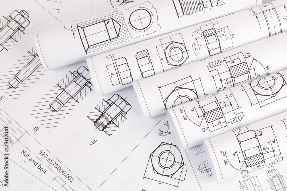 Science, technology and mechanical. Paper drawings of bolts and nuts ...