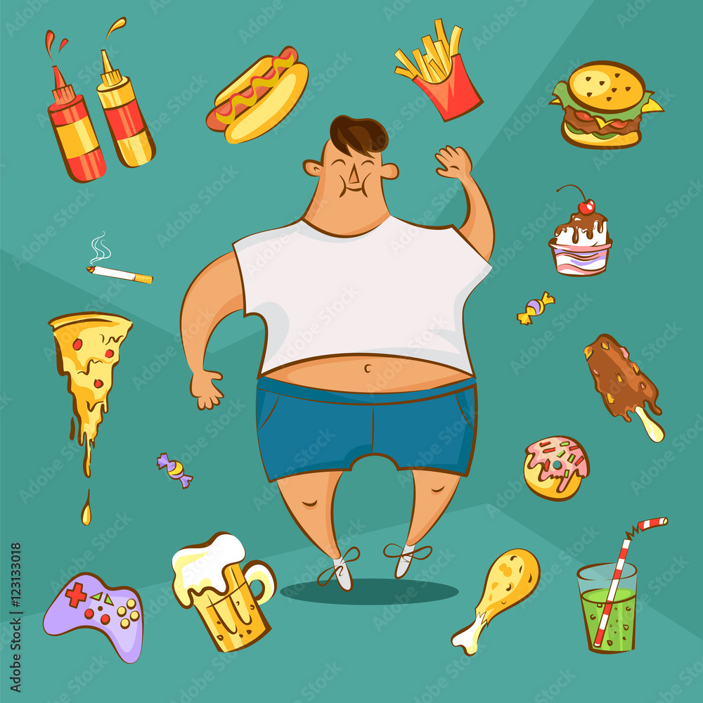 Fast food addiction concept. Unhealthy nutrition conception. Fat man ...