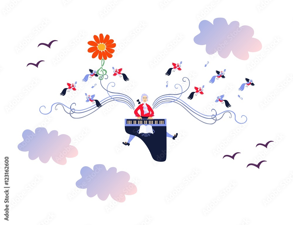 Mozart winged with music. Cute cartoon vector illustration. Flower ...