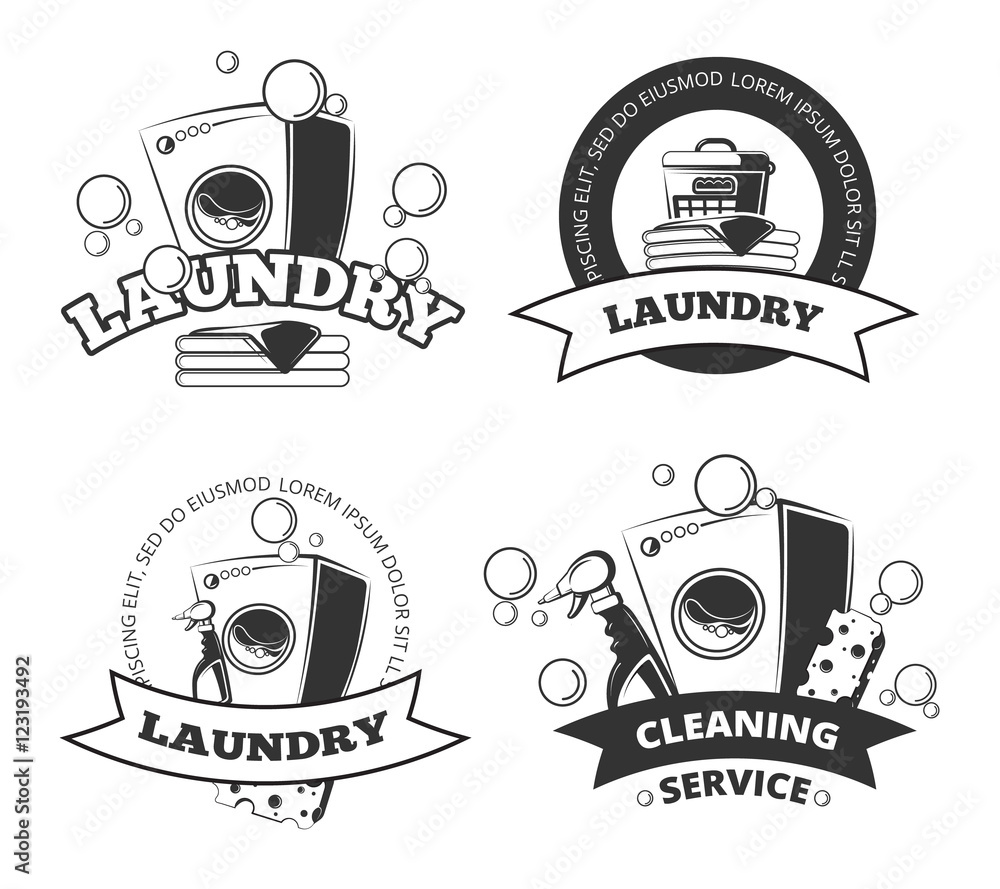 Vintage laundry service dry clean vector labels, emblems, logos, badges ...