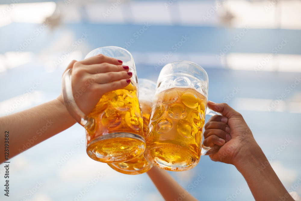 Raised beer mug toasting at Oktoberfest Stock Photo | Adobe Stock