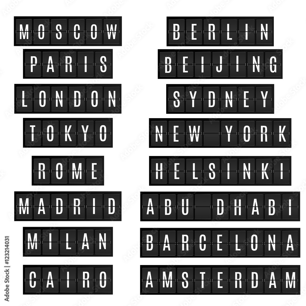 World big cities names in airport time table board style. Stock Vector ...