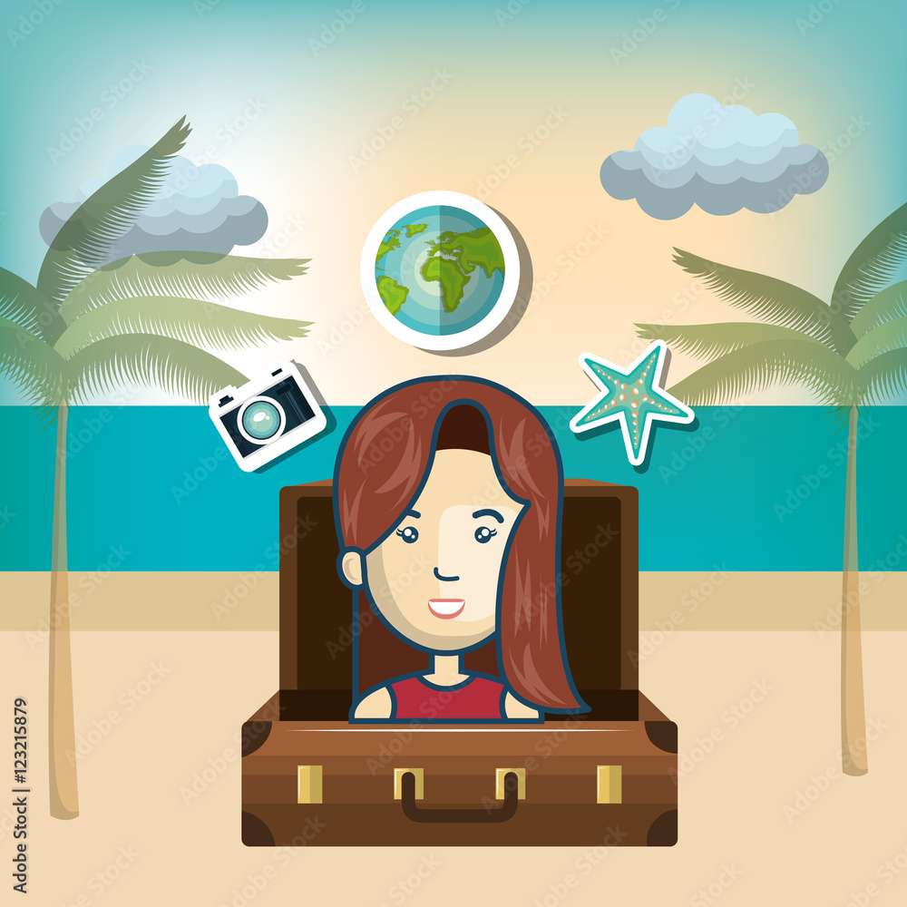 avatar woman with suitcase and world earth globe and photograhic camera ...