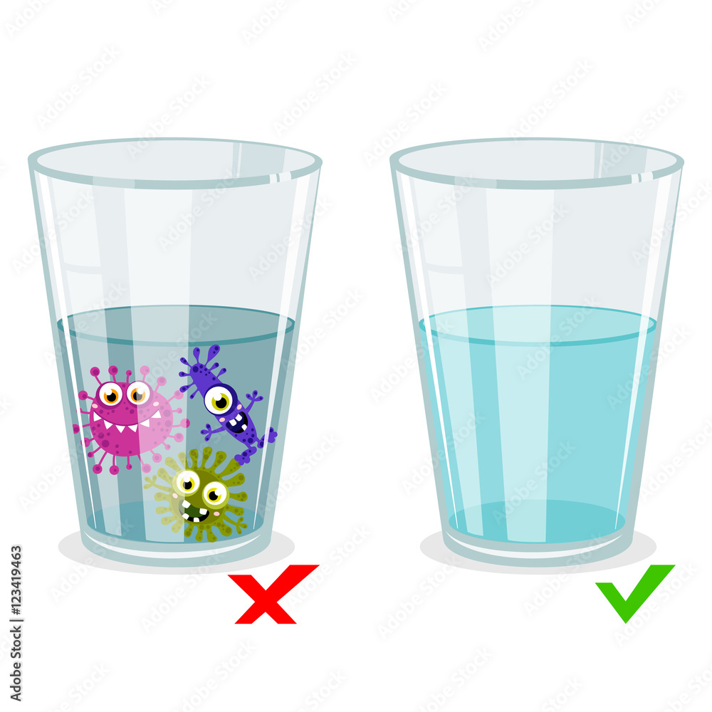 Glass with clean and dirty water, infection illustration. Cartoon, fun ...