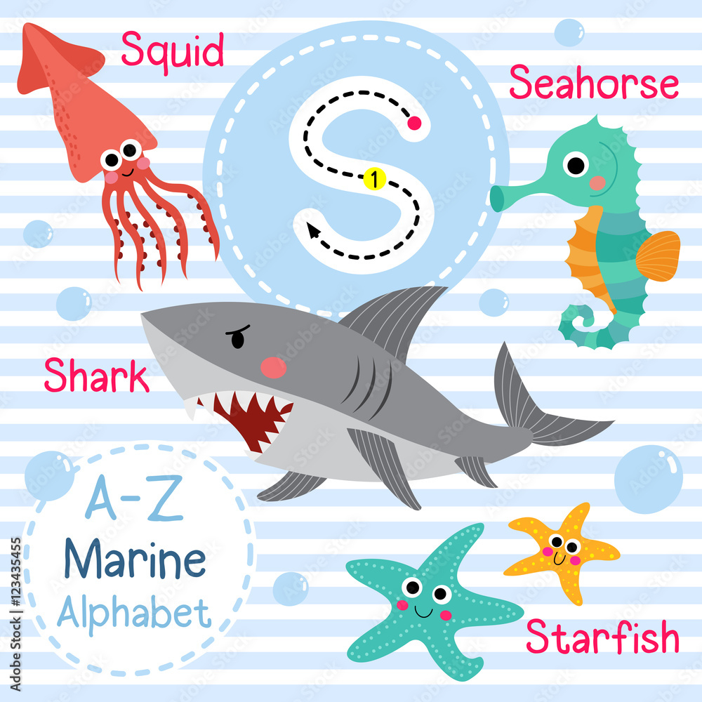 S letter tracing. Shark. Squid. Starfish. Seahorse. Cute children sea ...
