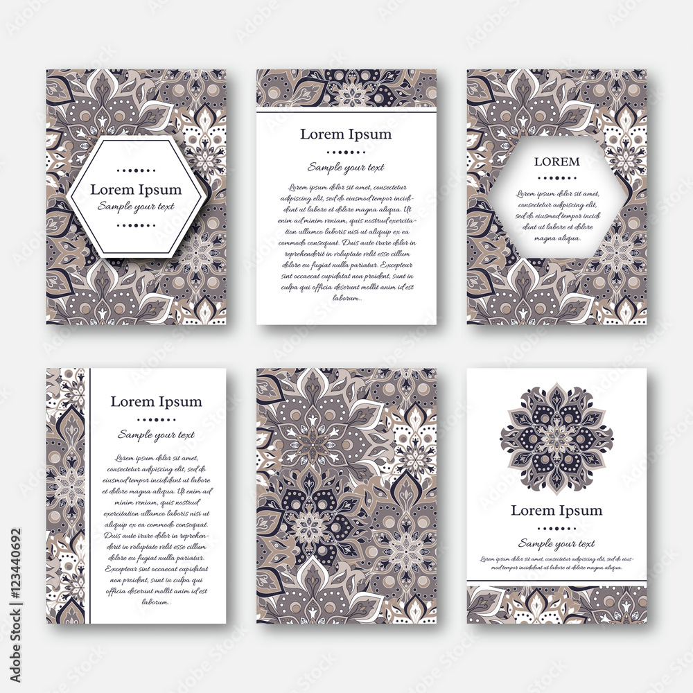 Set of cards, flyers, brochures, templates with hand drawn mandala ...