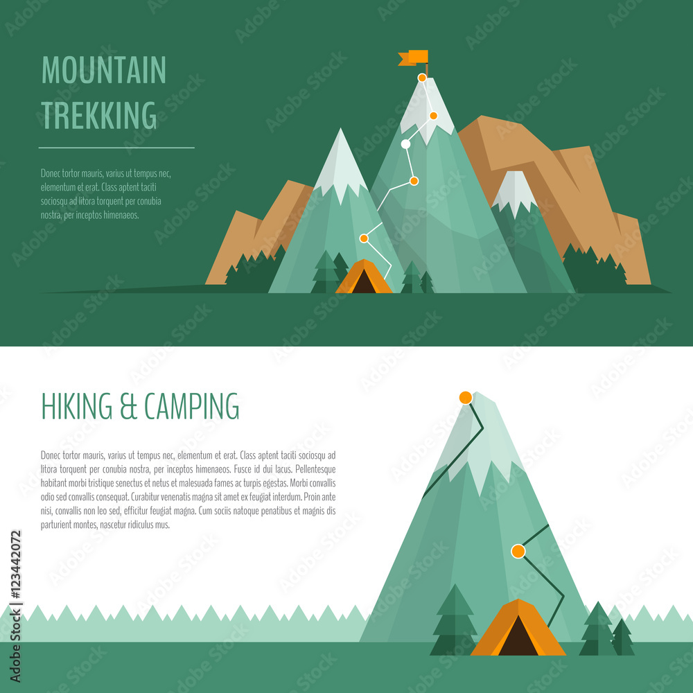 Mountain trekking, hiking, climbing and camping concept. Hiking trail ...