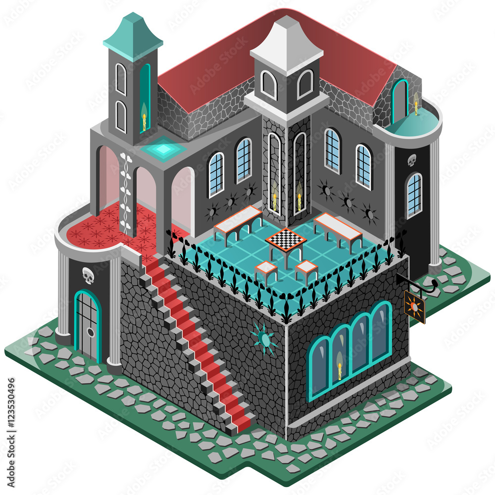 Haunted House. Mansion in gothic style. Terrace with chess table, two ...