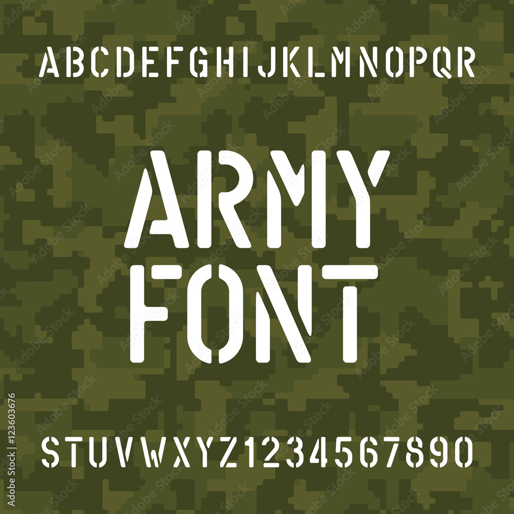 Army alphabet font. Stencil type letters and numbers on camo background ...